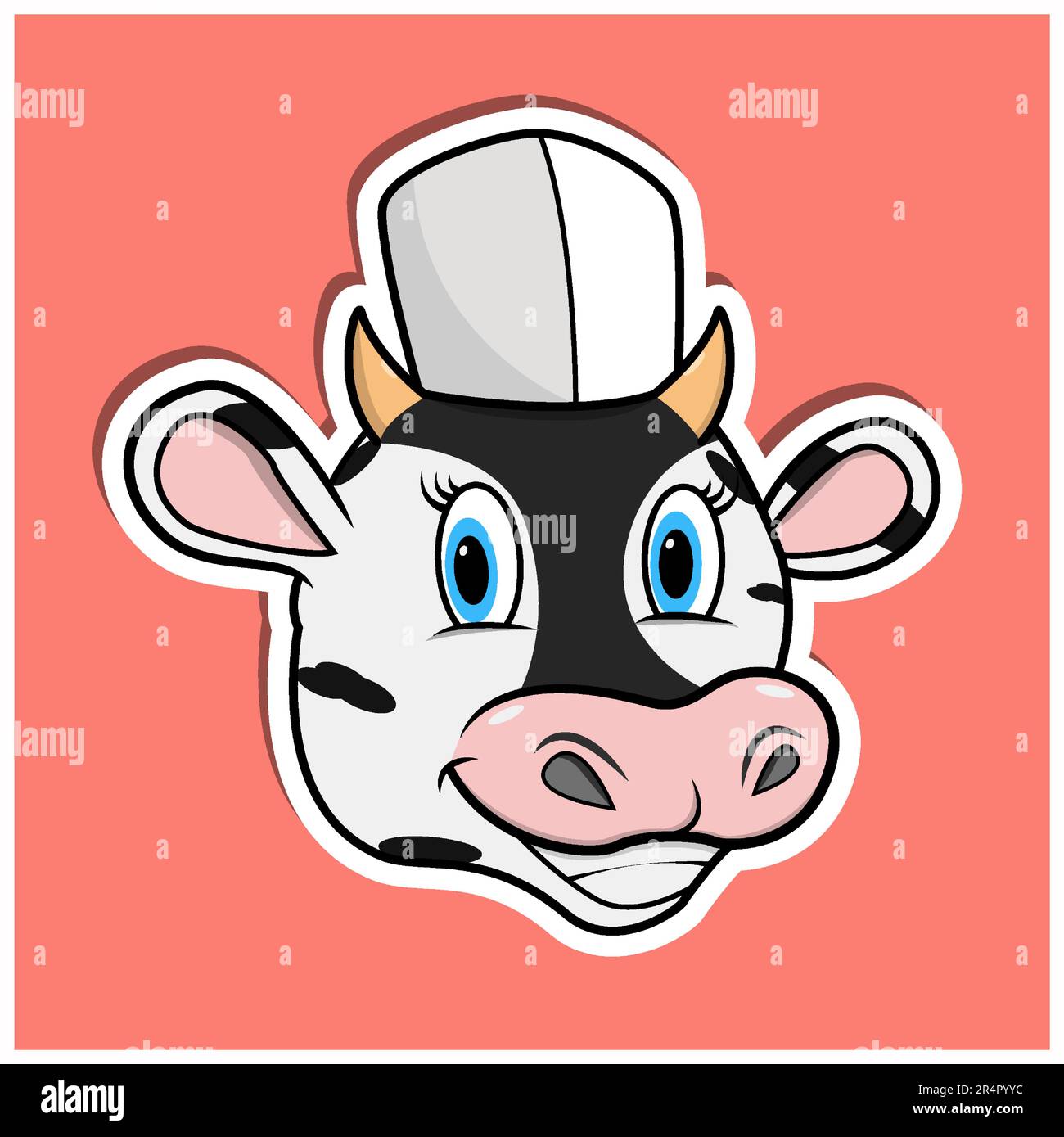 Animal Face Sticker With Cow Wearing Chef Hat. Character Design. Vector ...
