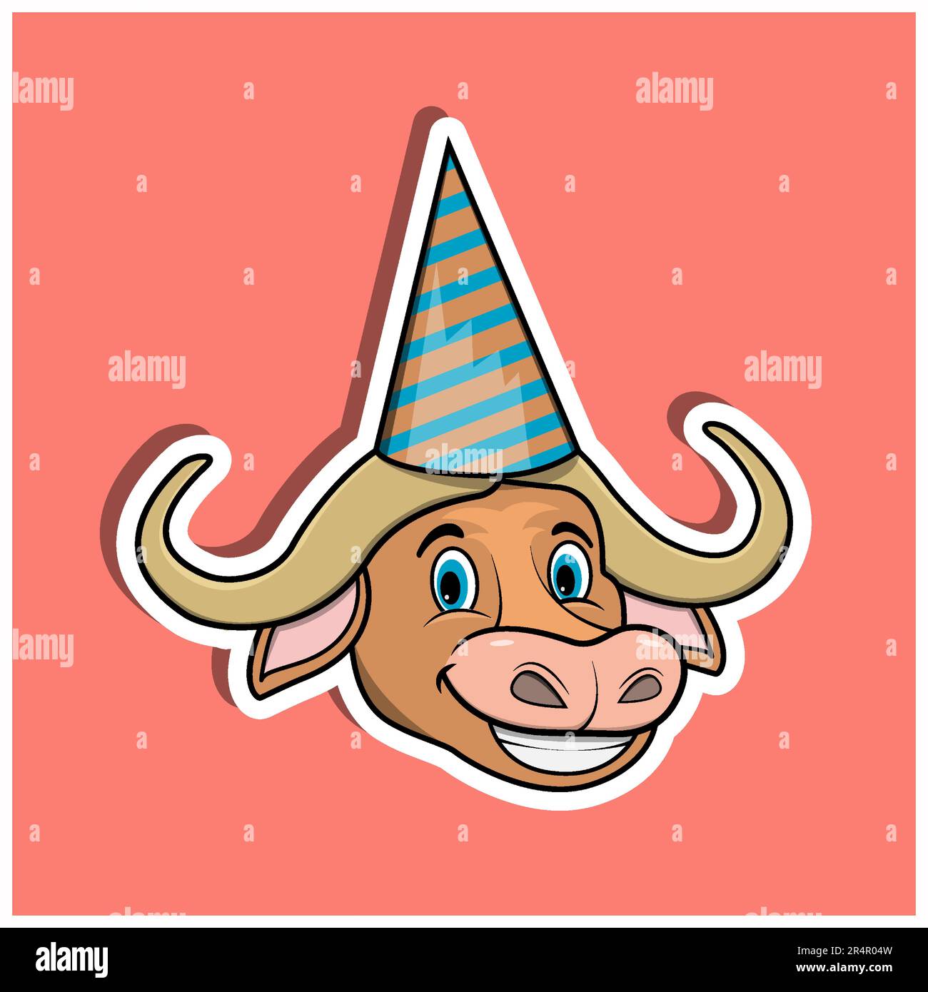 Animal Face Sticker With Buffalo Wearing Party Hat. Character Design ...