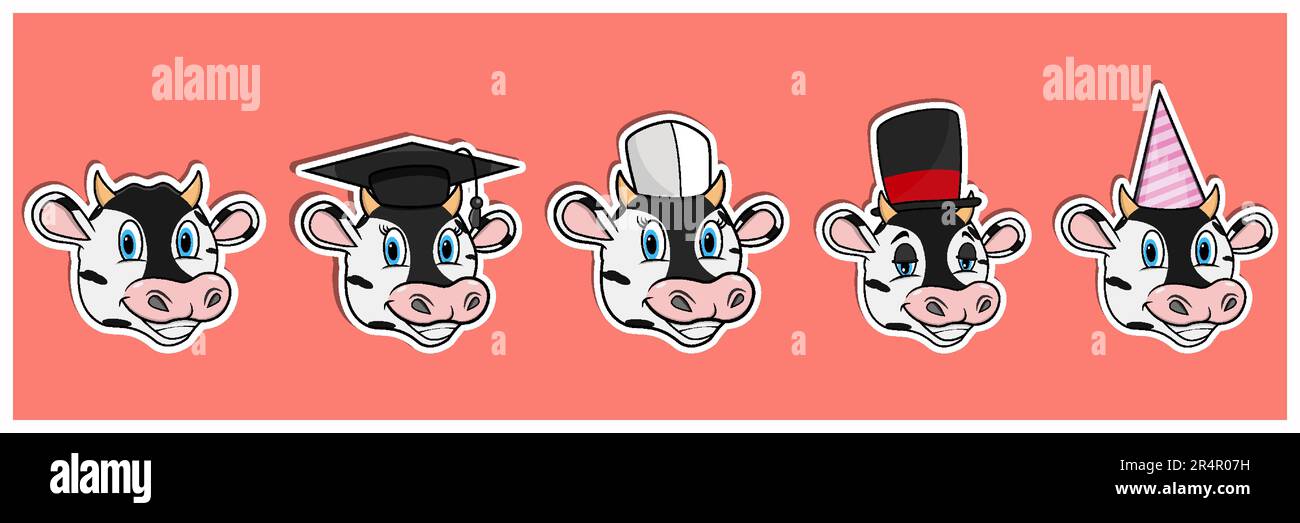 Head Cow Animal Sticker Set. Graduation, Chef, Magician and Party hat ...