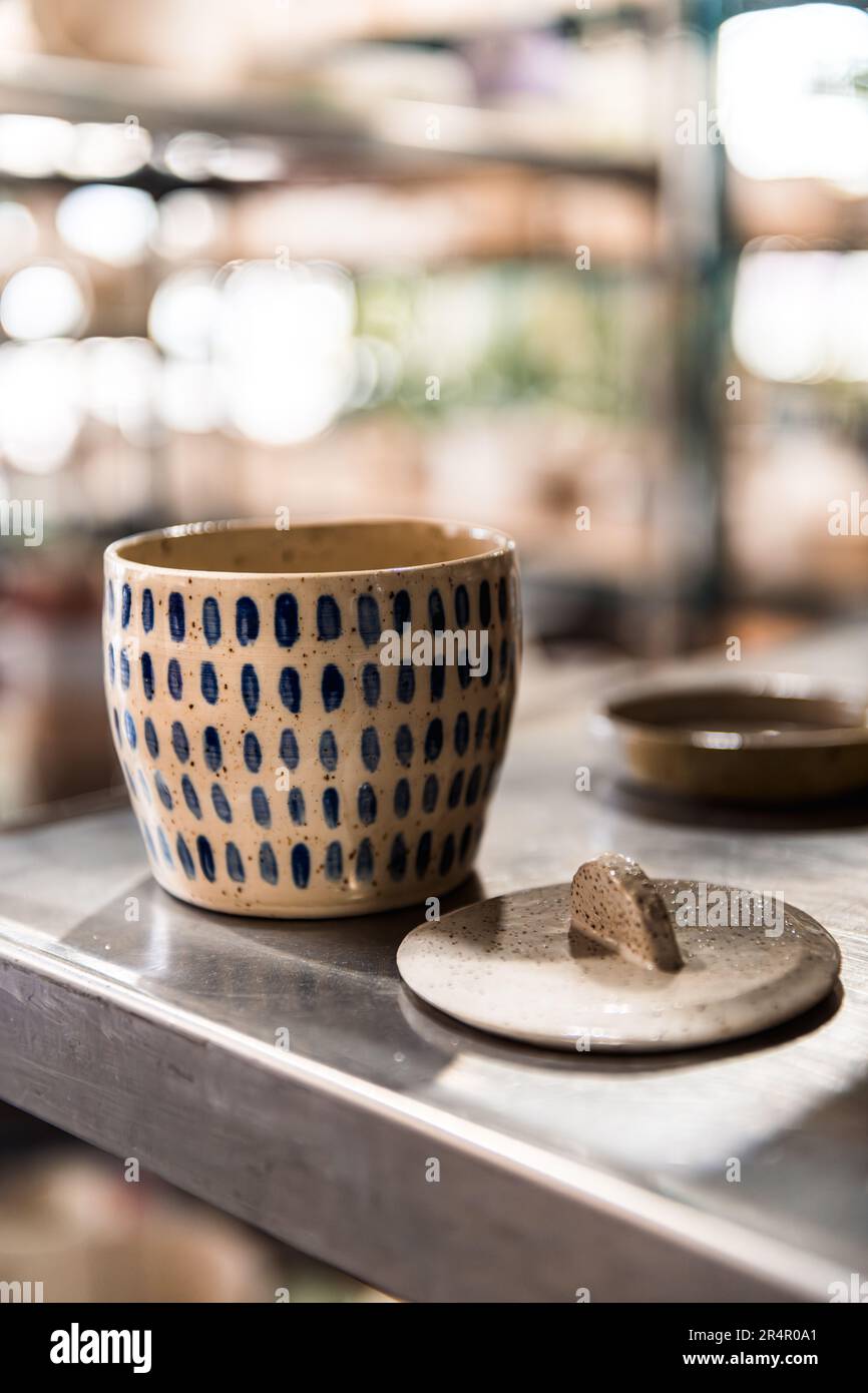 Handmade white neutral glazed vase speckled cup with lid and short ...