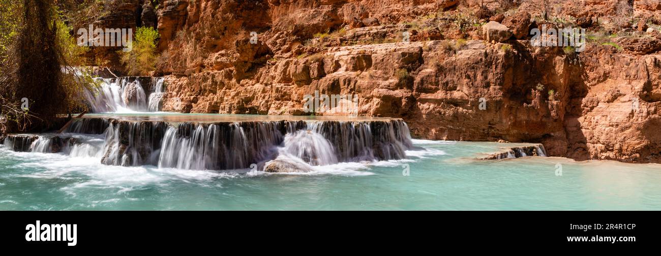 Beaver Falls on Havasu Creek below the campground on a sunny morning ...
