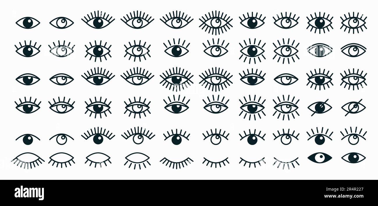 Vector Simple Flat Black and White Outline Eye Icons. Linear Open and ...