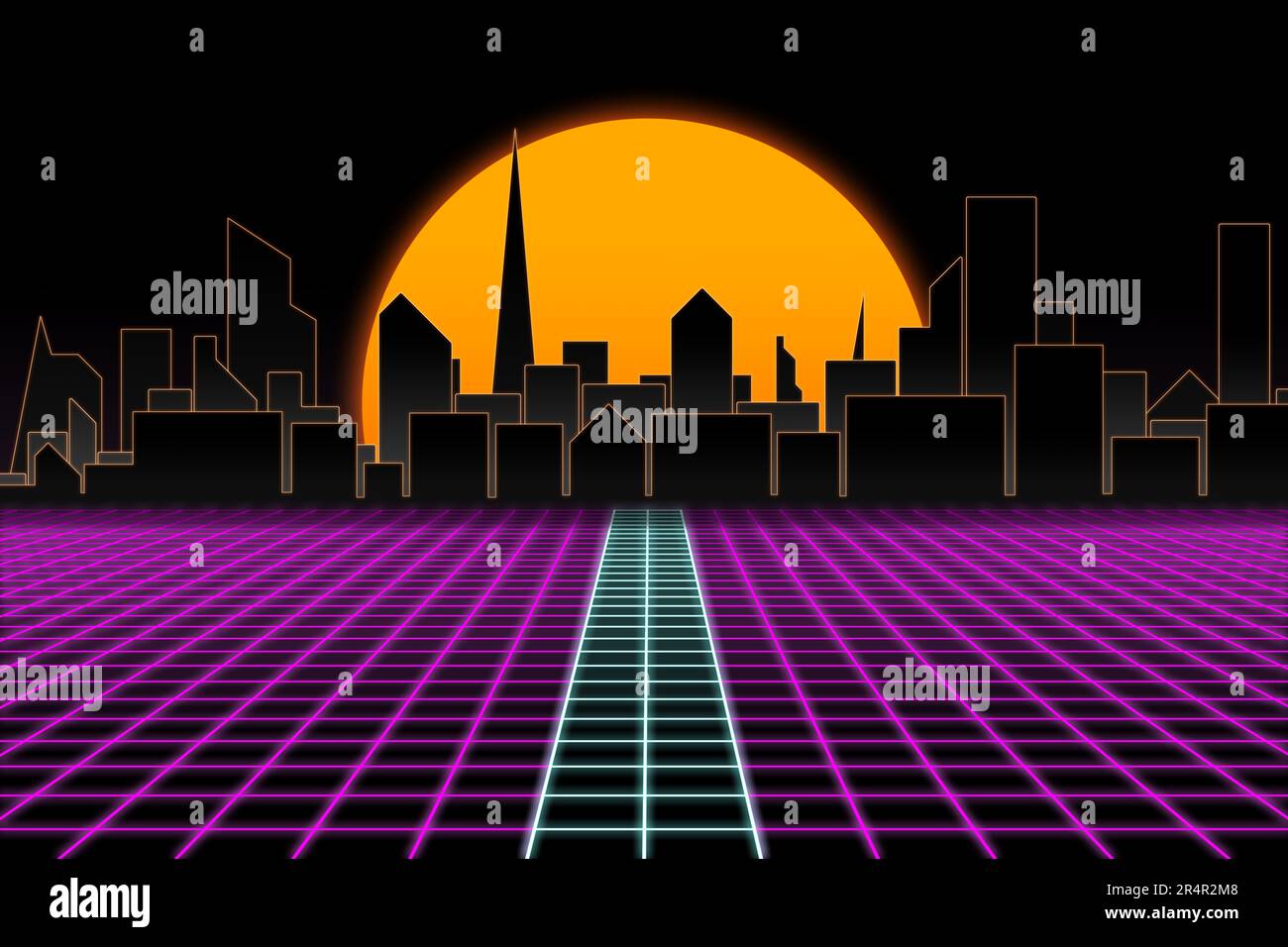 3D grid from the 80s with a road heading to a futuristic city backlited ...