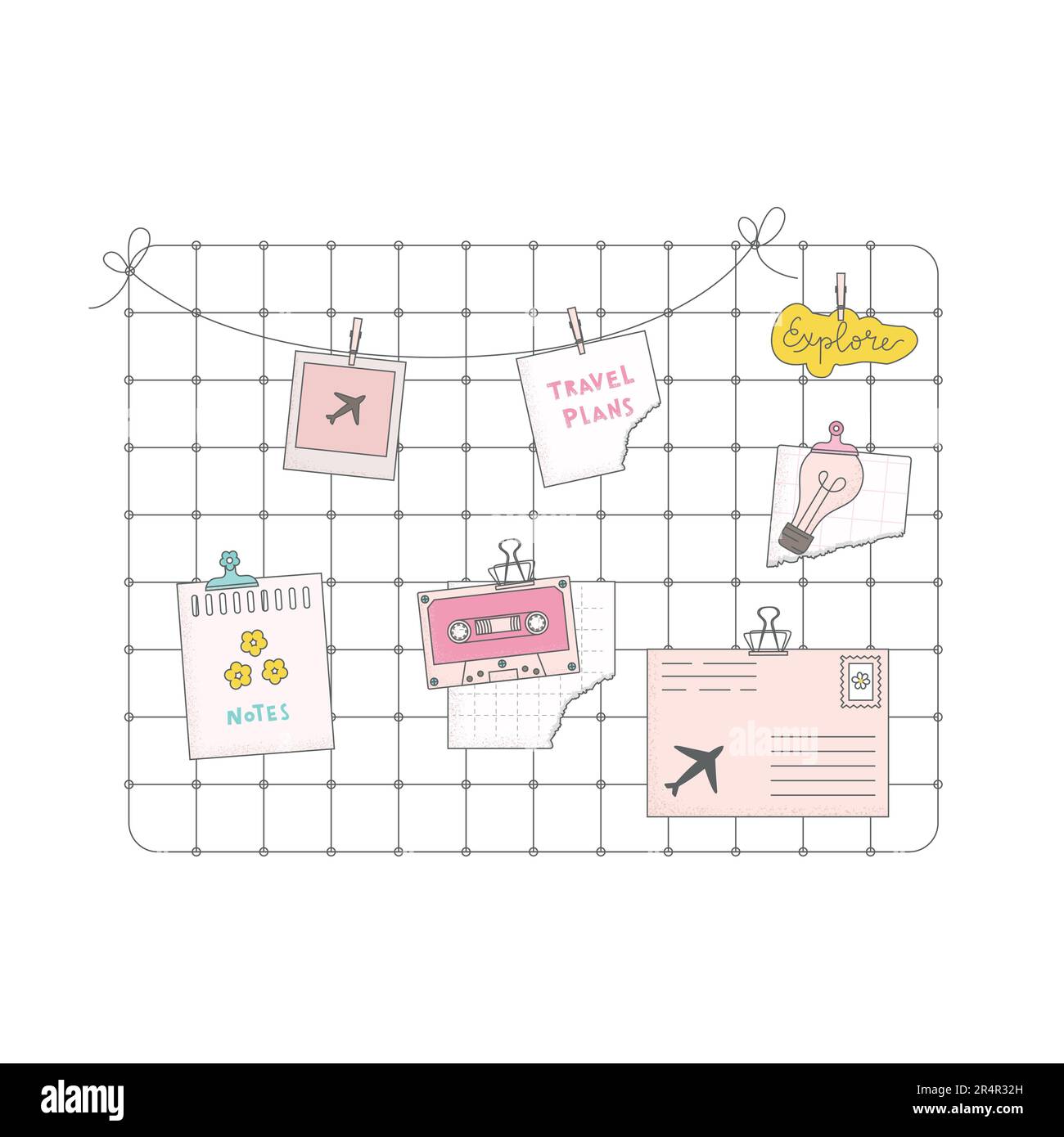 Flat vector illustration with cute paper notes, clip, card. Metal grid ...
