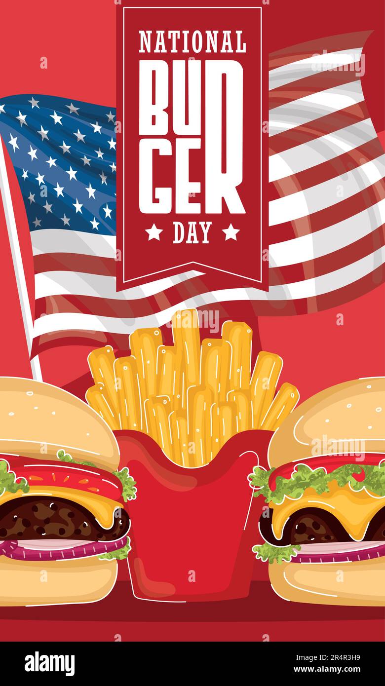 National burger day vertical template with cheeseburger and french ...