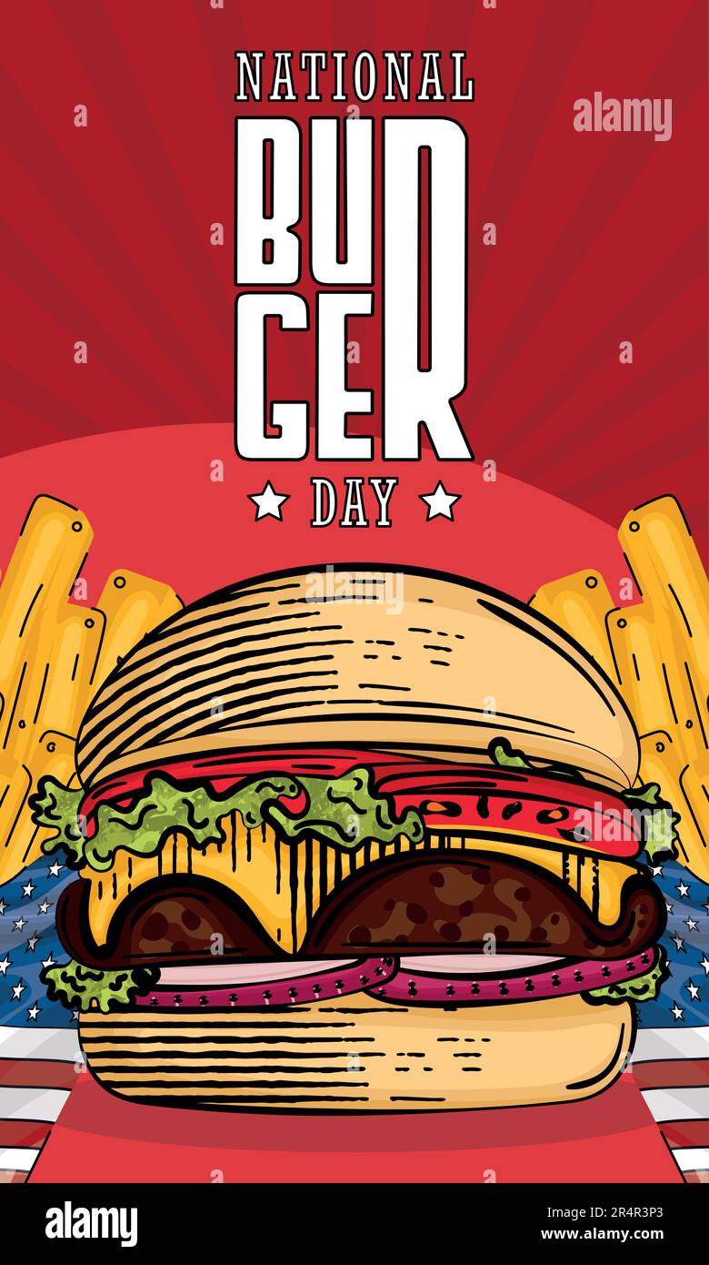 National burger day vertical template with cheeseburger and french ...
