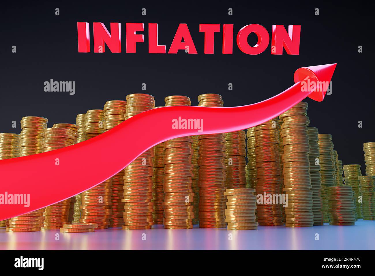 Coins and arrow to growing inflation - dark background Stock Photo - Alamy