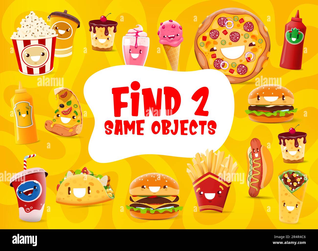 Find two same objects, funny cartoon takeaway fast food characters ...