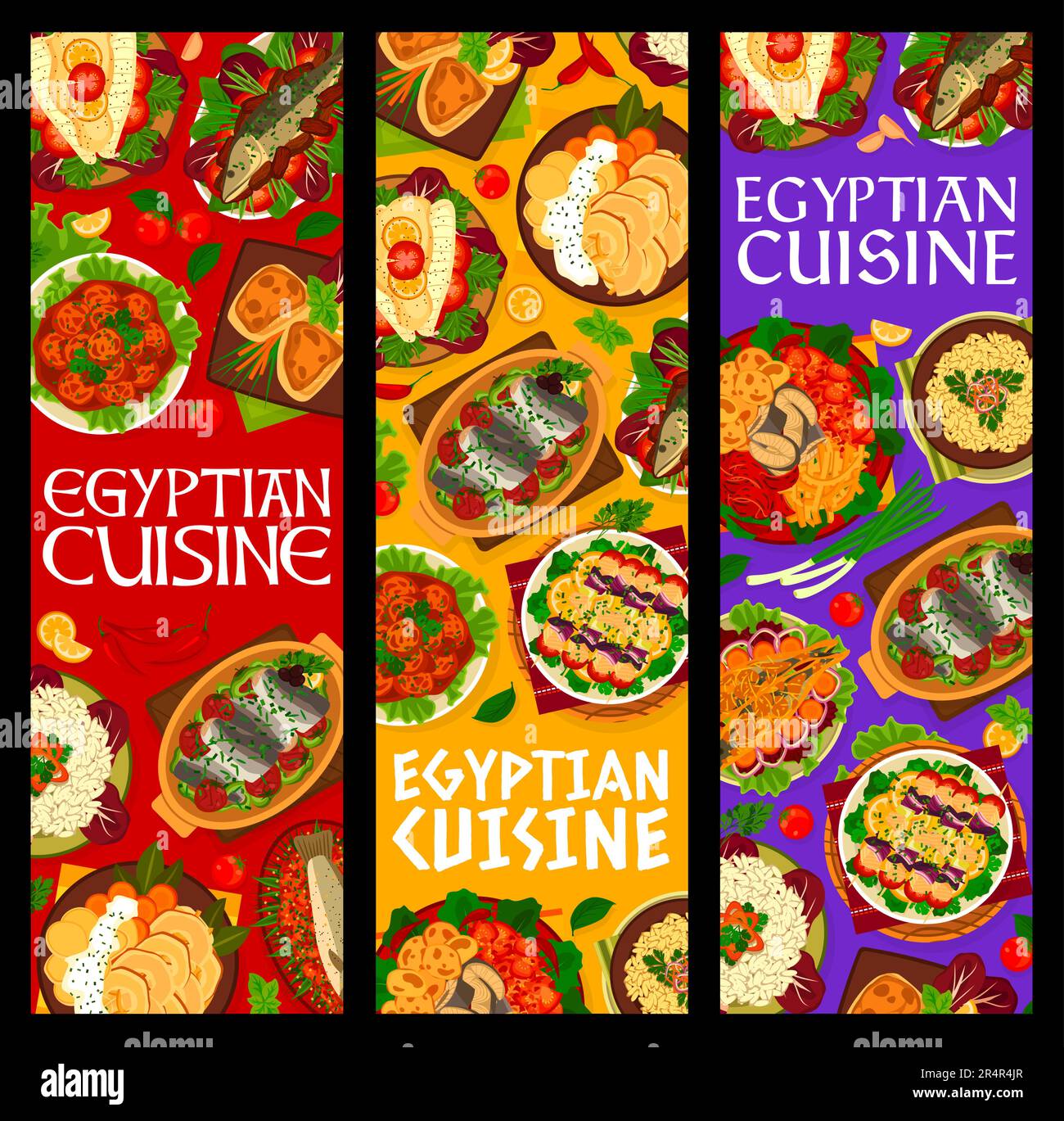 Egyptian cuisine food vertical banners. Fried swordfish, mackerel with ...