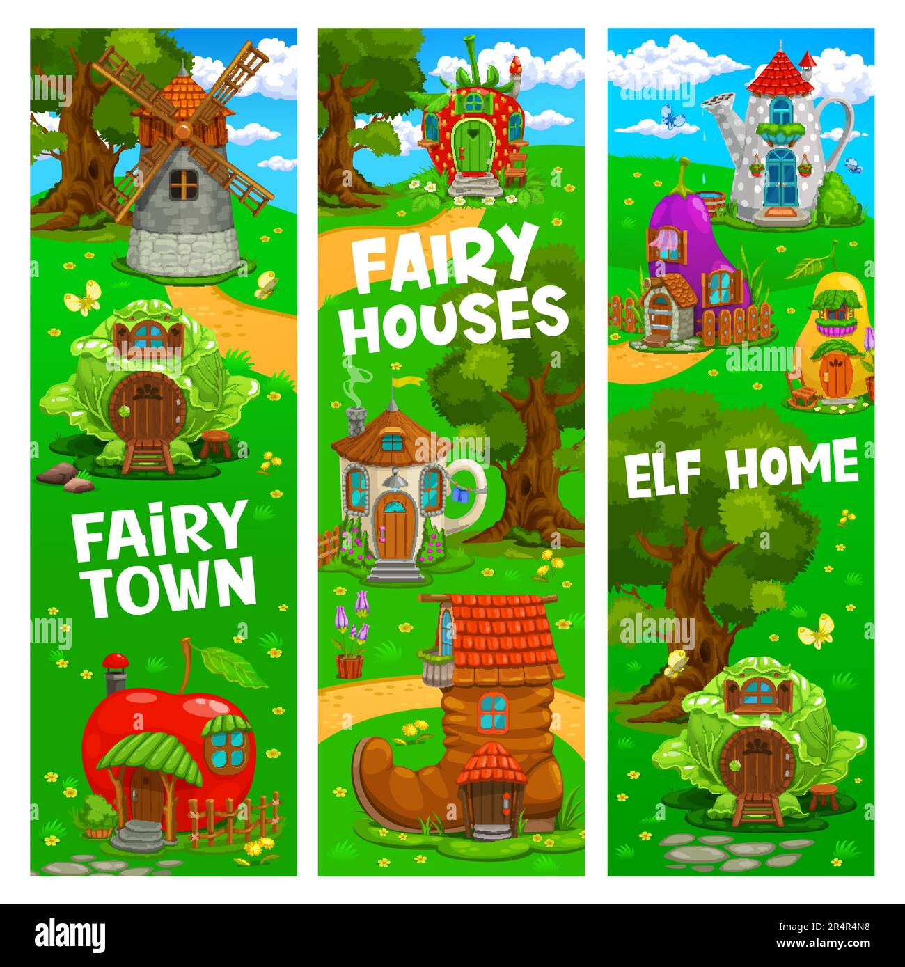 Fairytale cartoon house buildings, elf homes and fairy dwellings ...