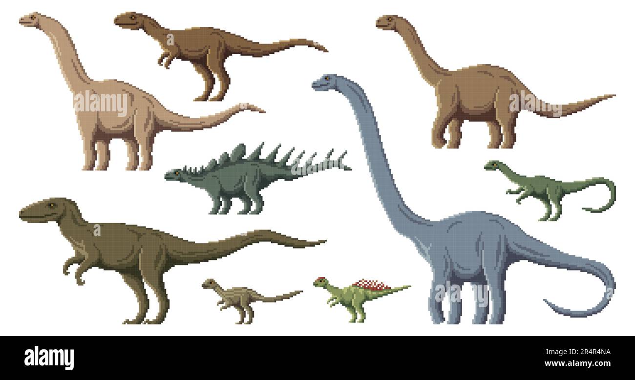 Pixel dinosaur characters. 8 bit pixel art game dino animals ...