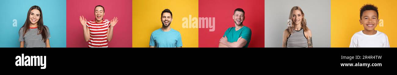 Collage with portraits of happy people on different color backgrounds ...