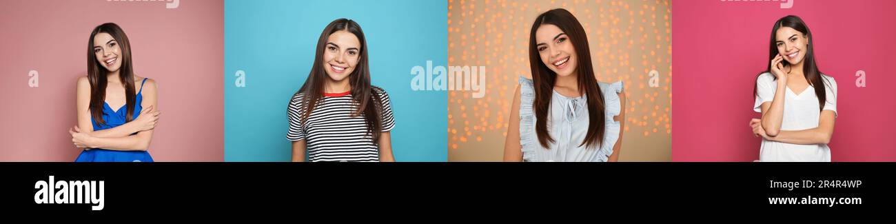 Collage with portraits of happy woman on different color backgrounds ...