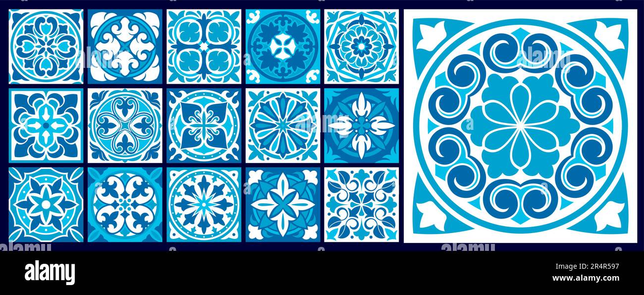 Moroccan azulejo patterns, majolica tile or Talavera and Damask vector ...