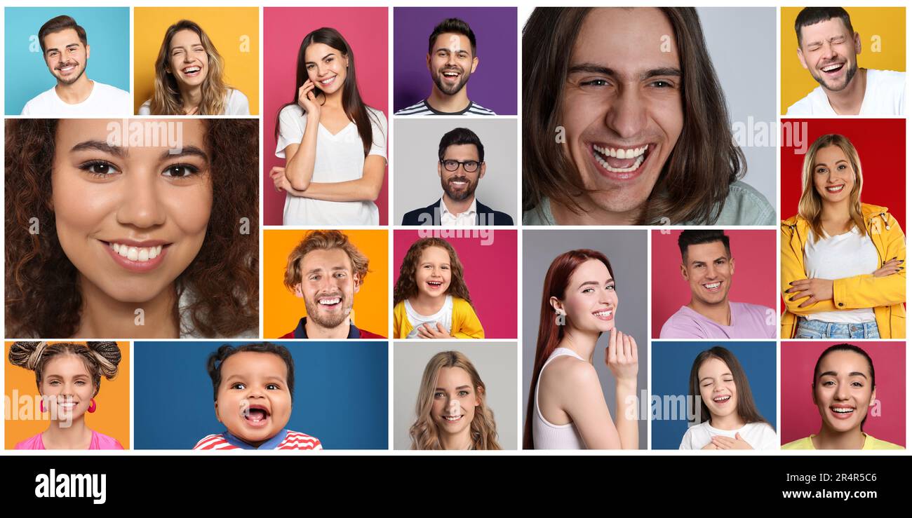 Collage with portraits of happy people on different color backgrounds ...