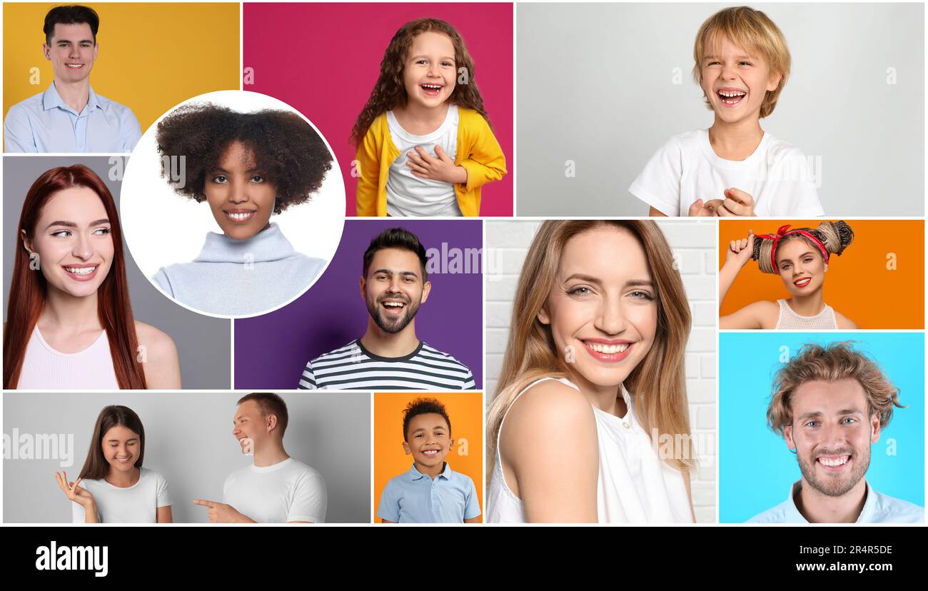 Collage with portraits of happy people on different color backgrounds ...