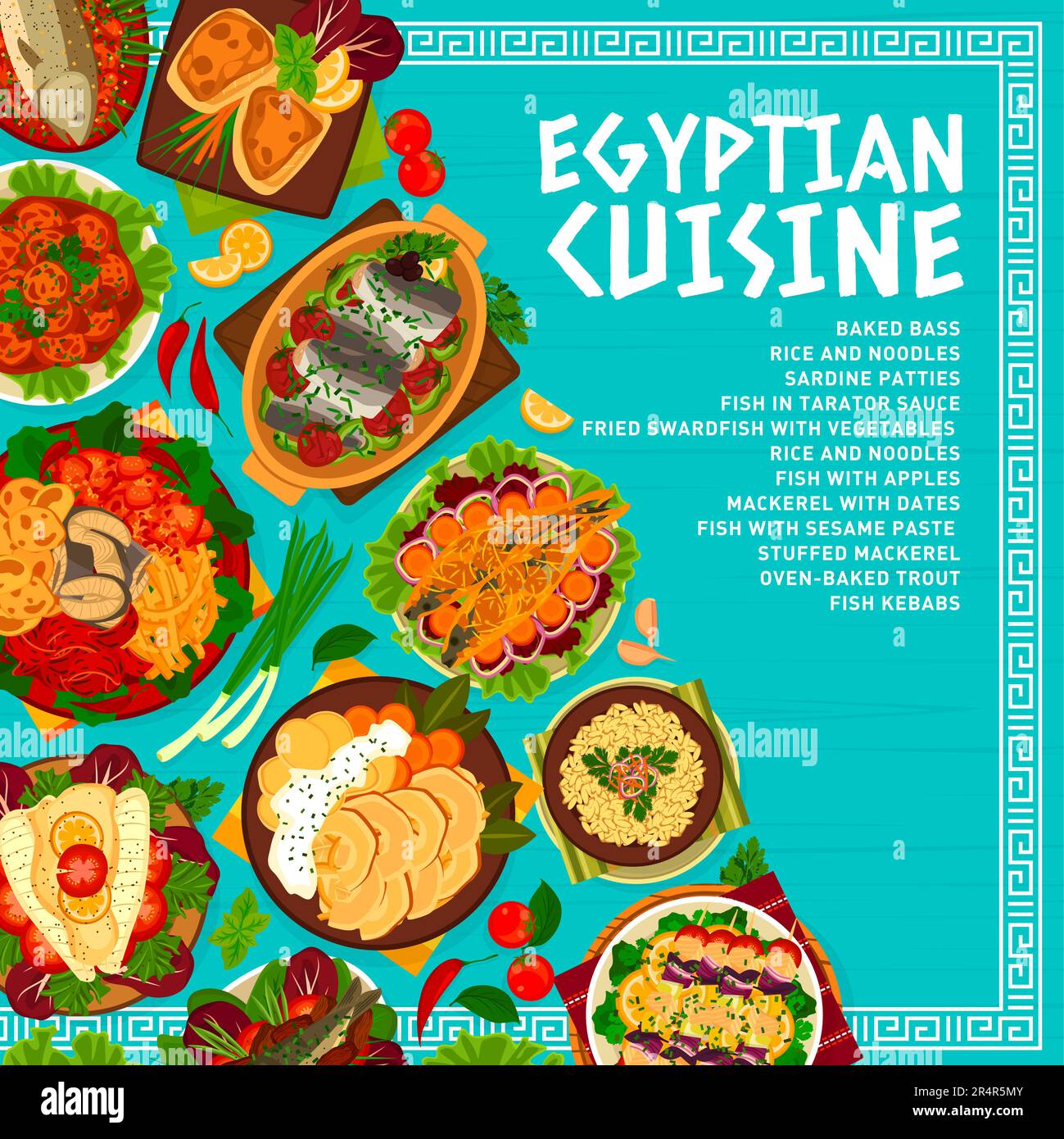 Egyptian cuisine menu cover template. Mackerel with dates, fish with ...
