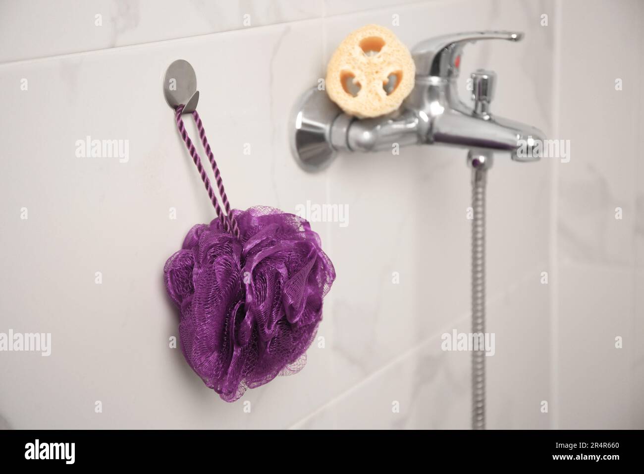Purple shower puff and loofah sponge in bathroom Stock Photo - Alamy