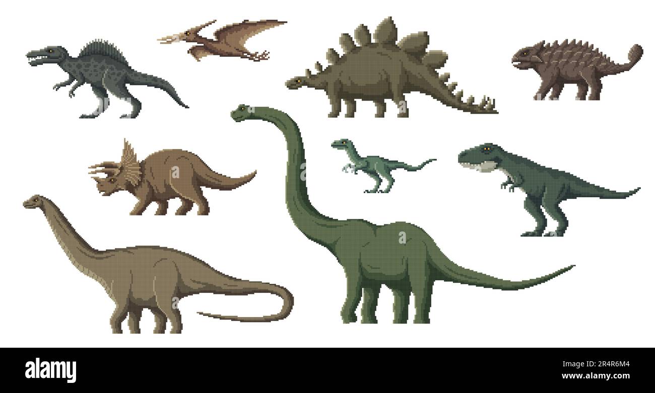 Pixel dinosaur characters. 8 bit game asset, pixel art dino animals ...