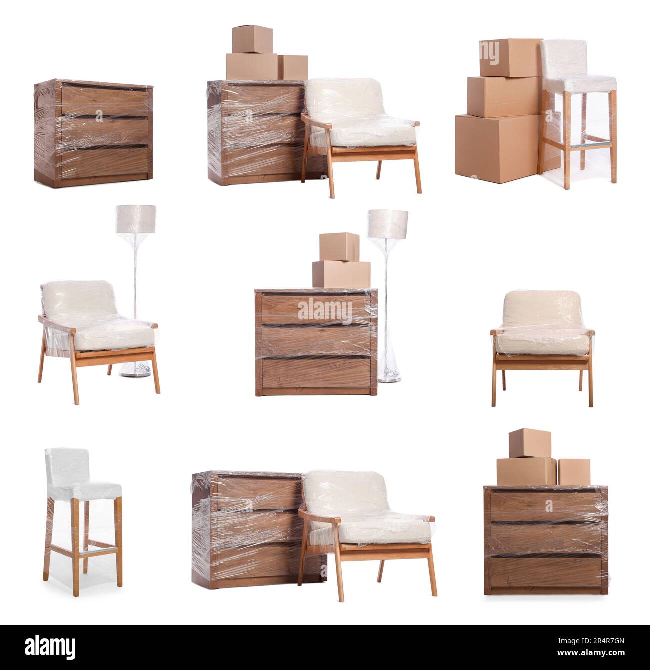 Furniture and lamps wrapped with stretch film and cardboard boxes on ...