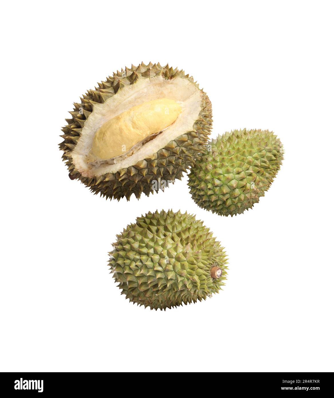 Delicious ripe durian fruits falling on white background Stock Photo ...