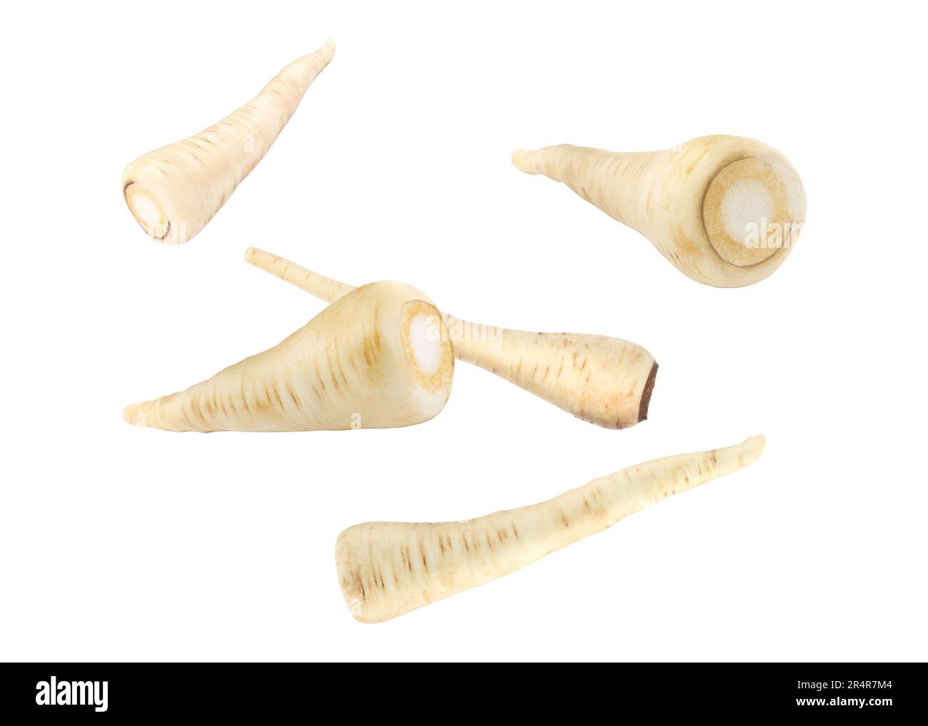 Raw parsnip roots falling on white background Stock Photo - Alamy