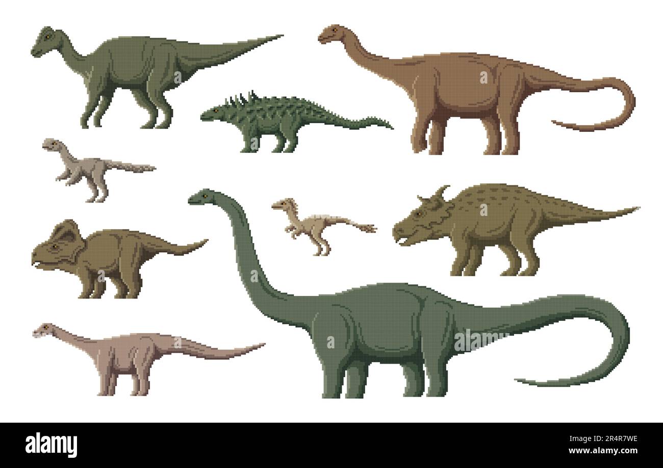 Pixel dinosaur characters. 8 bit pixel art game dino animals ...