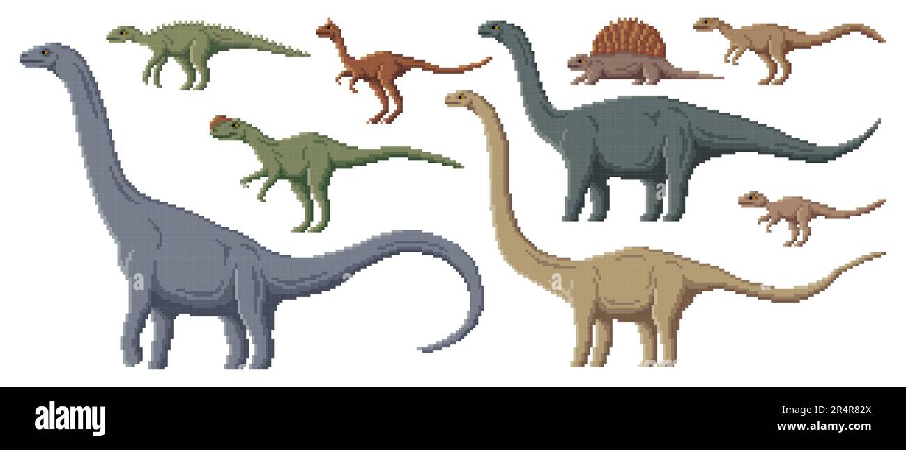 Pixel dinosaur characters. 8 bit pixel art game dino animals ...