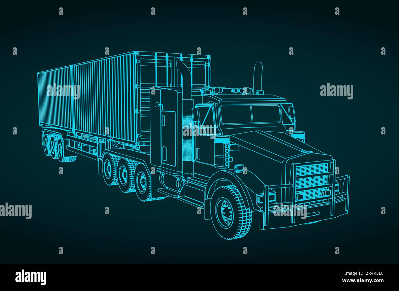 Stylized vector illustration of container tractor trailer truck Stock ...