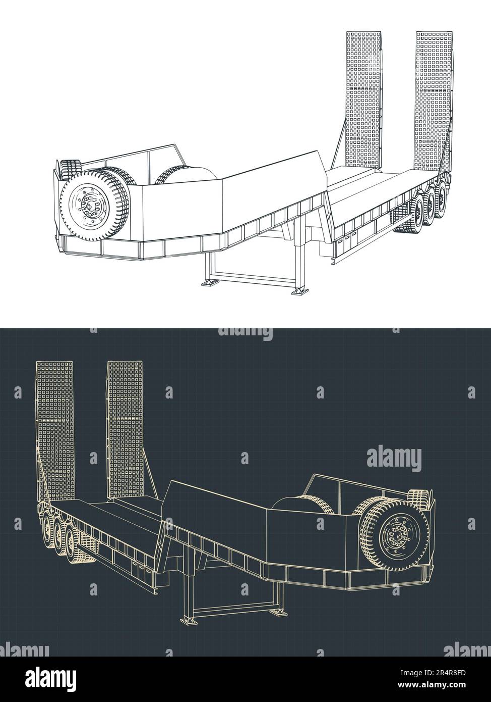 Stylized vector illustrations of blueprints of 3 axle lowbed trailer ...
