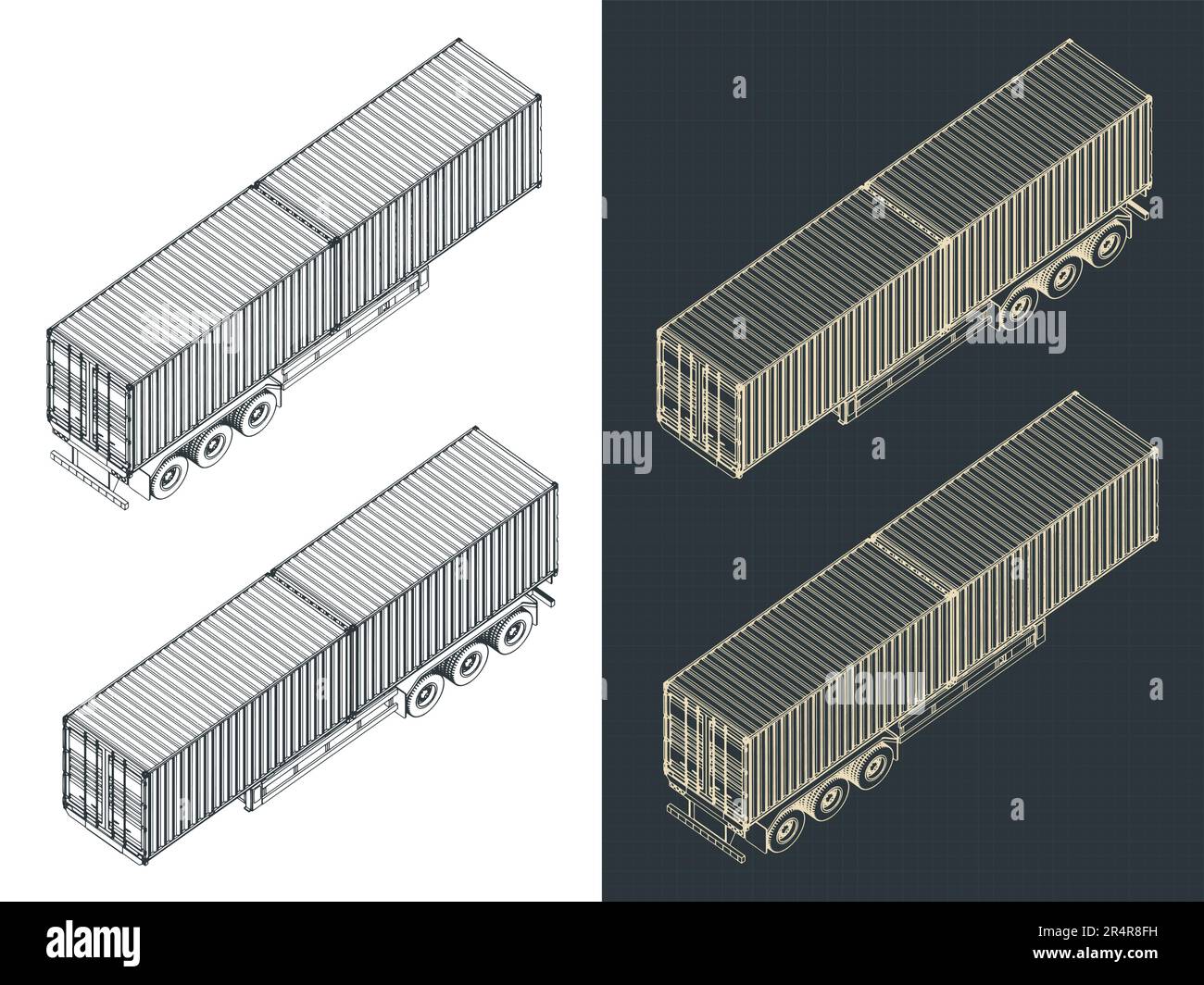 Stylized vector illustrations of isometric blueprints of tri-axle ...