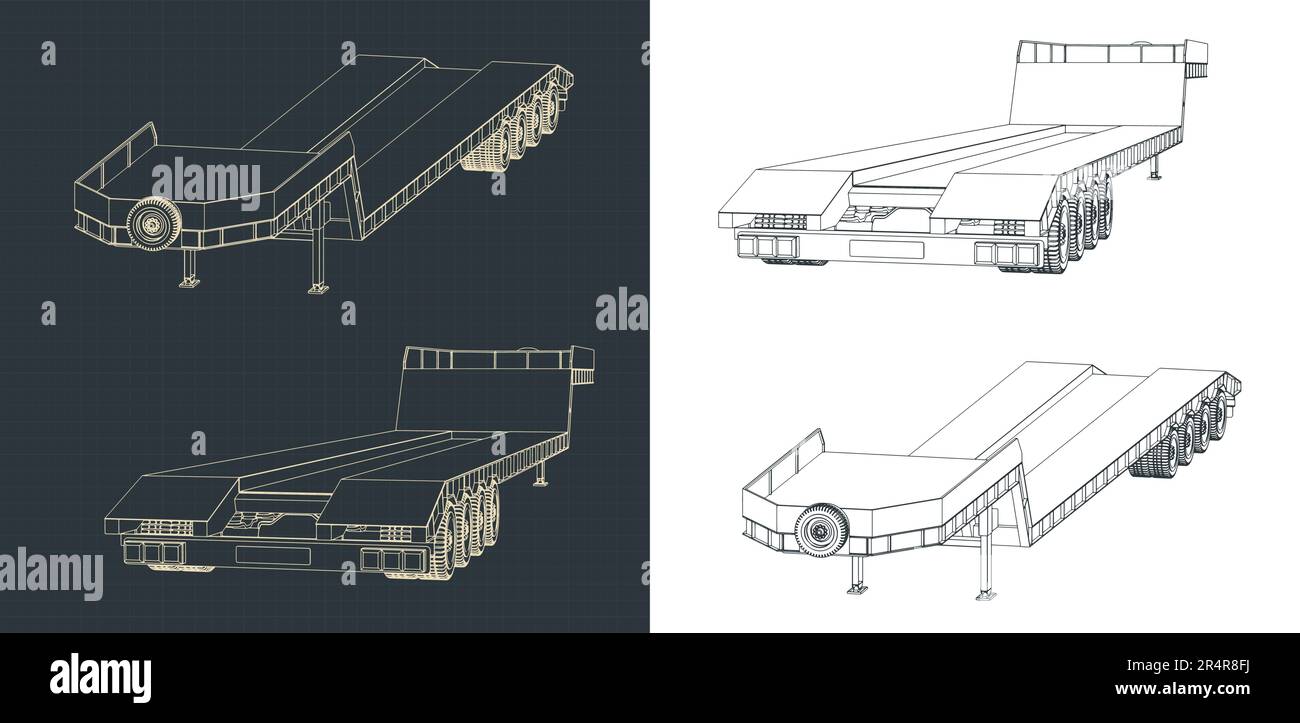 Stylized vector illustrations of blueprints of 4 axle lowbed trailer ...