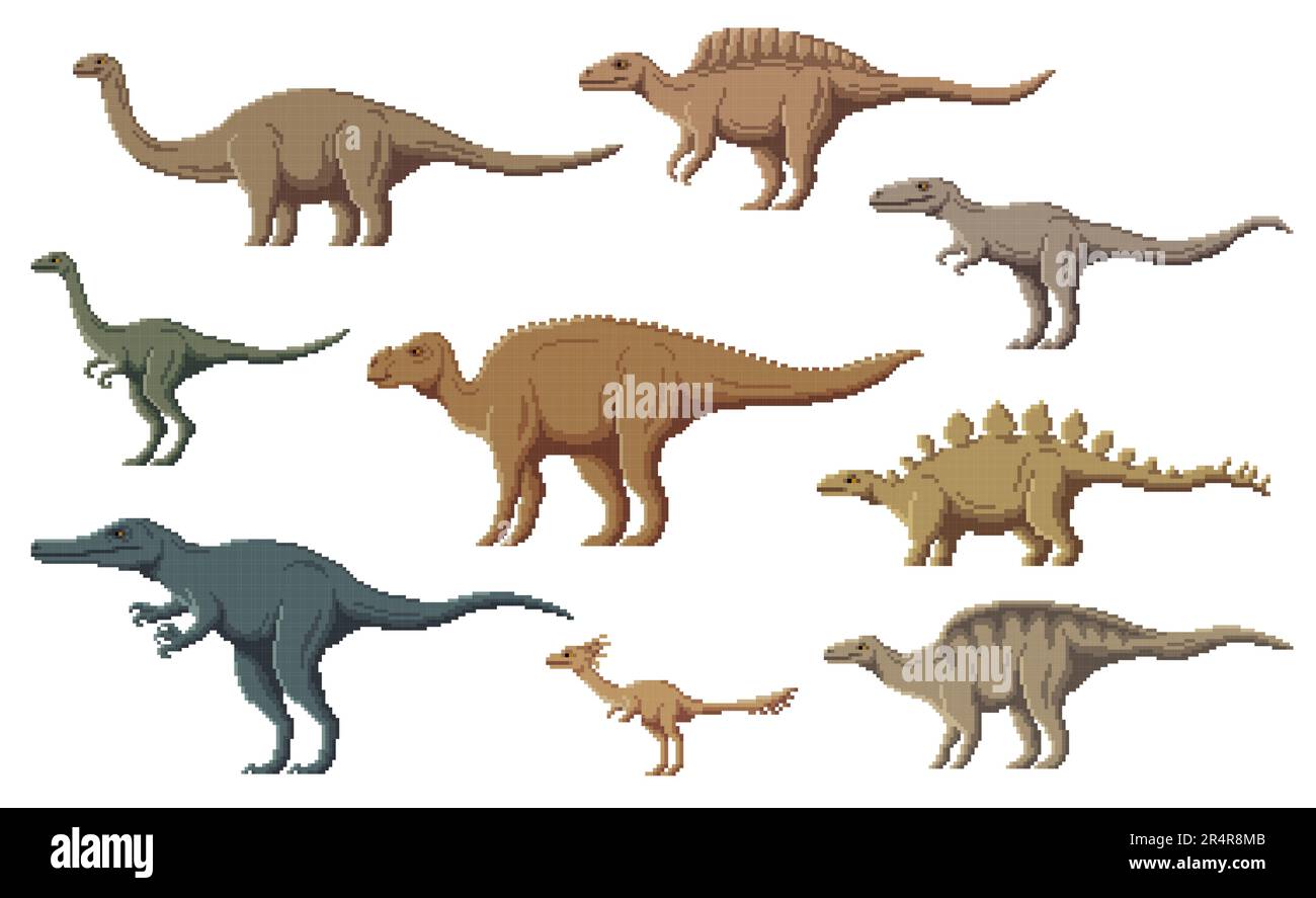 Pixel dinosaur characters. 8 bit pixel art game dino animals ...