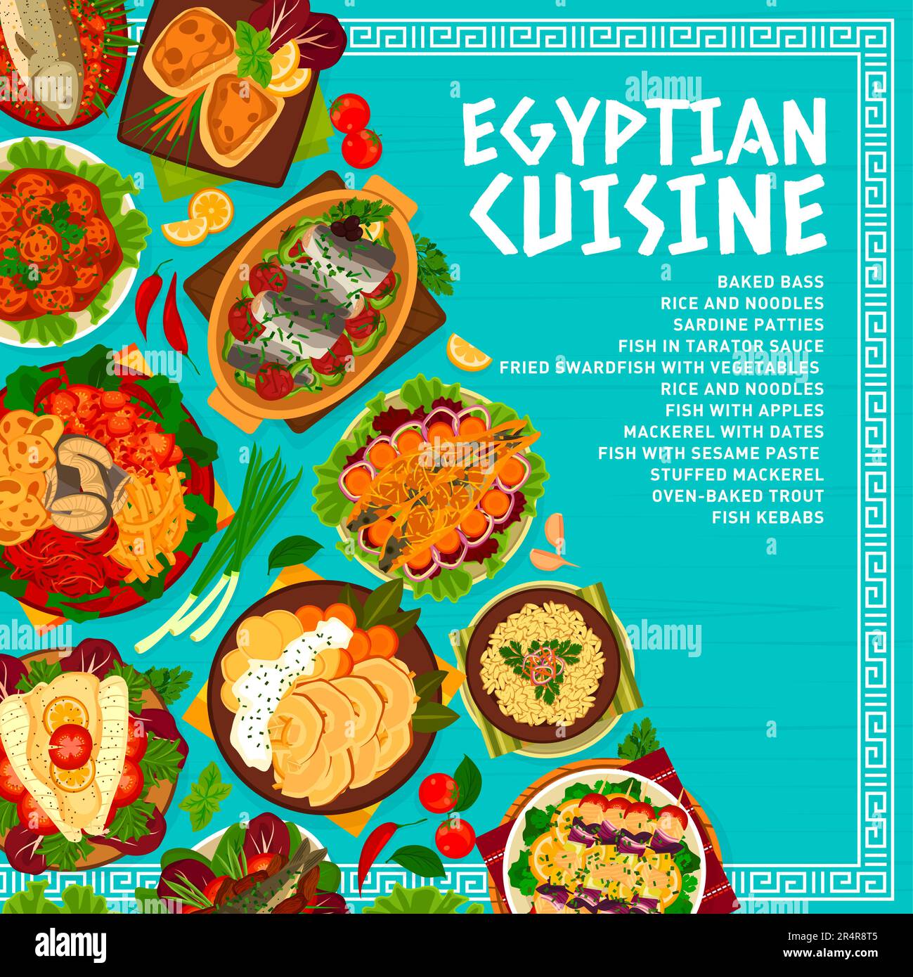 Egyptian cuisine menu cover template. Mackerel with dates, fish with ...