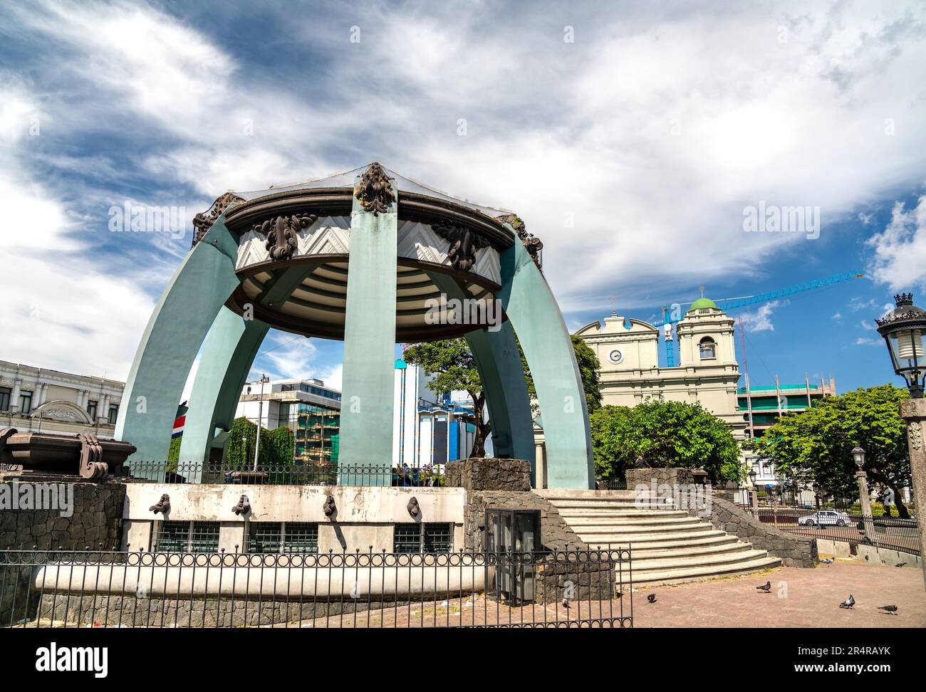 Central Park with kiosk and cathedral in San Jose the capital of Costa ...