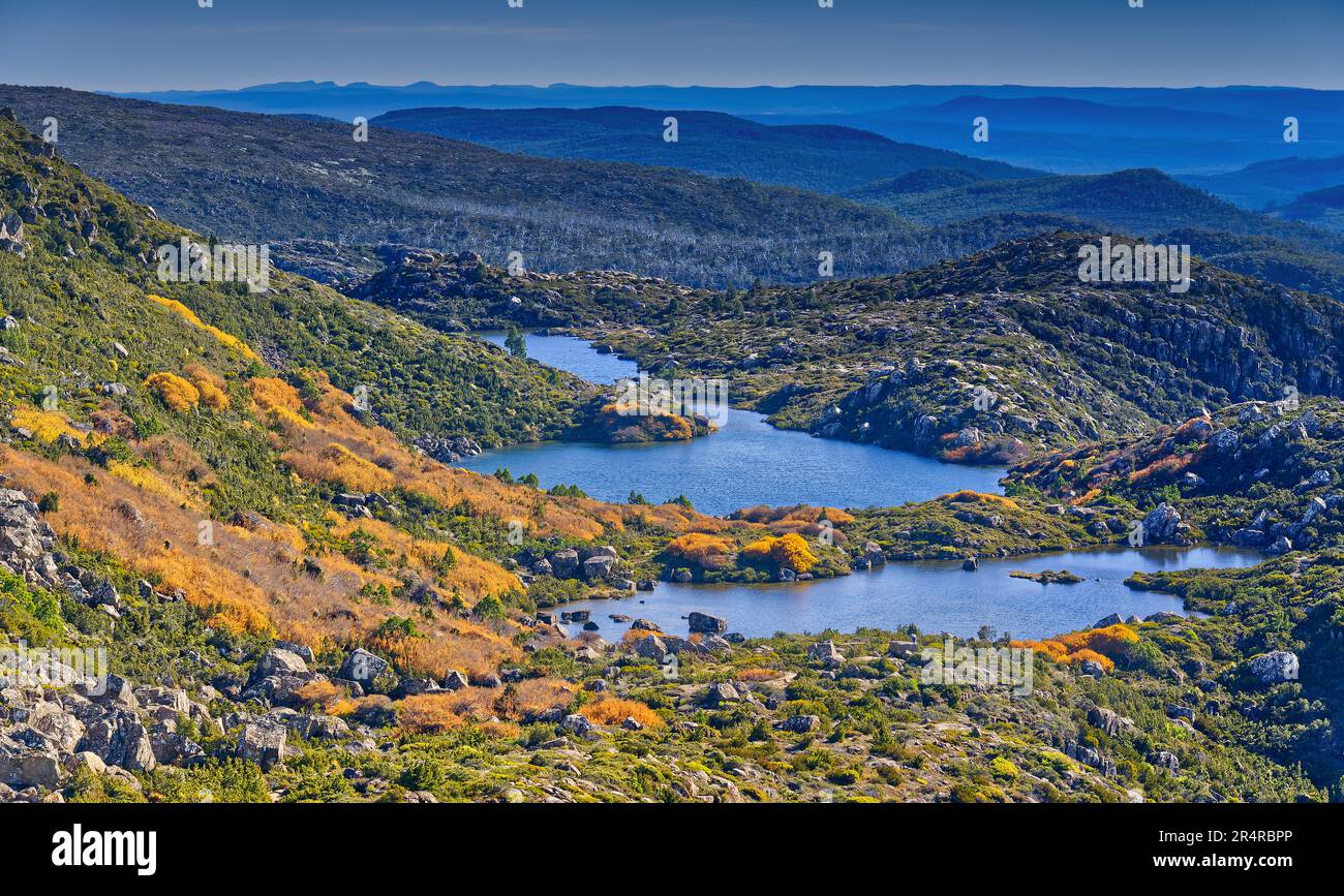 View of receding mountains behind tarns lakes on Tarn Shelf, Rodway ...