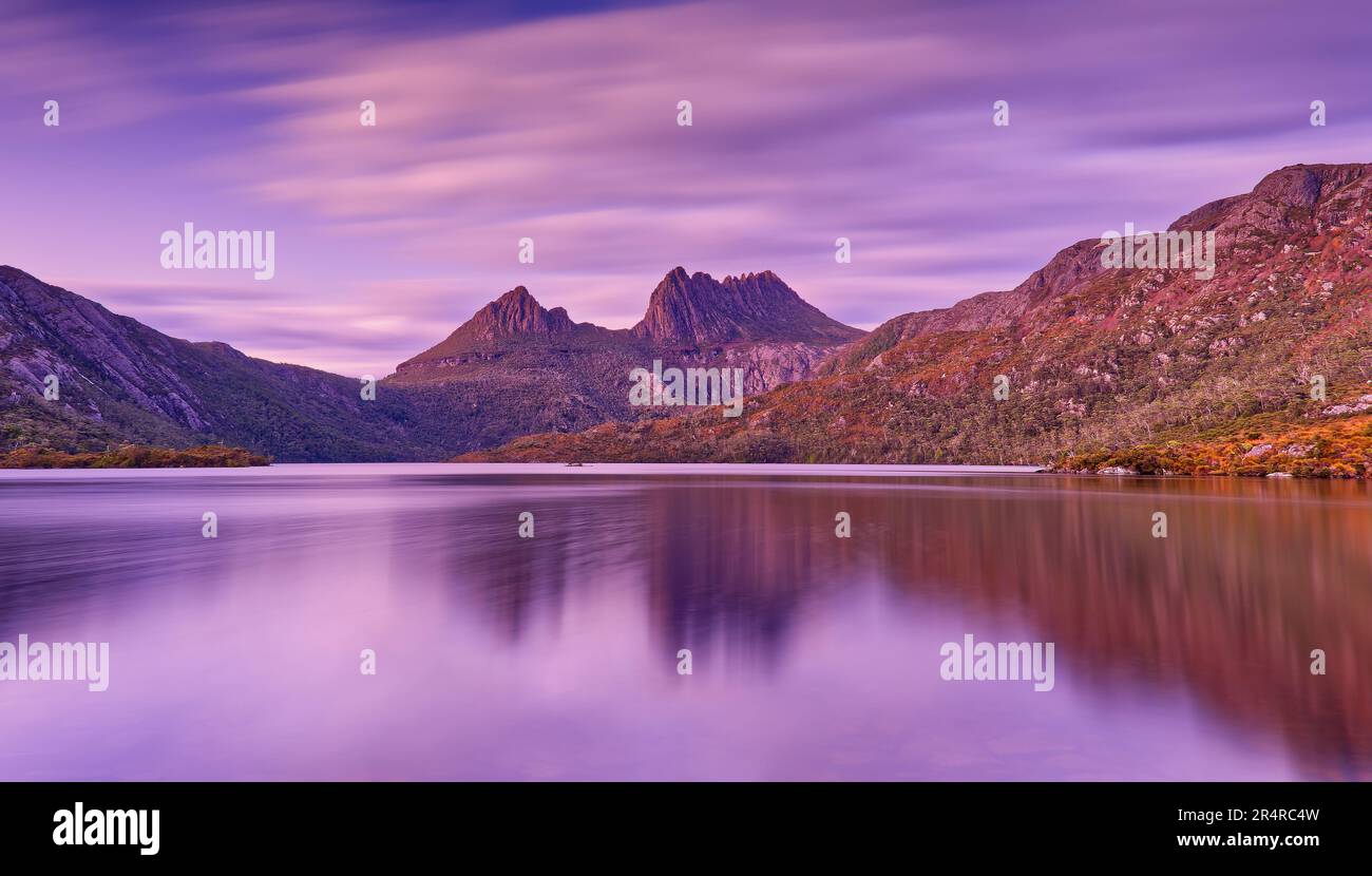 Long exposure image of Dove Lake in the early morning at Cradle Mountain Lake St Clair National ...