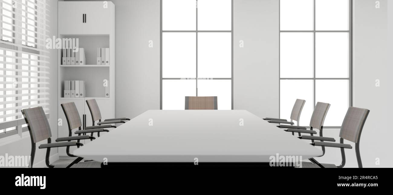 Front view of a modern white meeting room interior design with a large ...