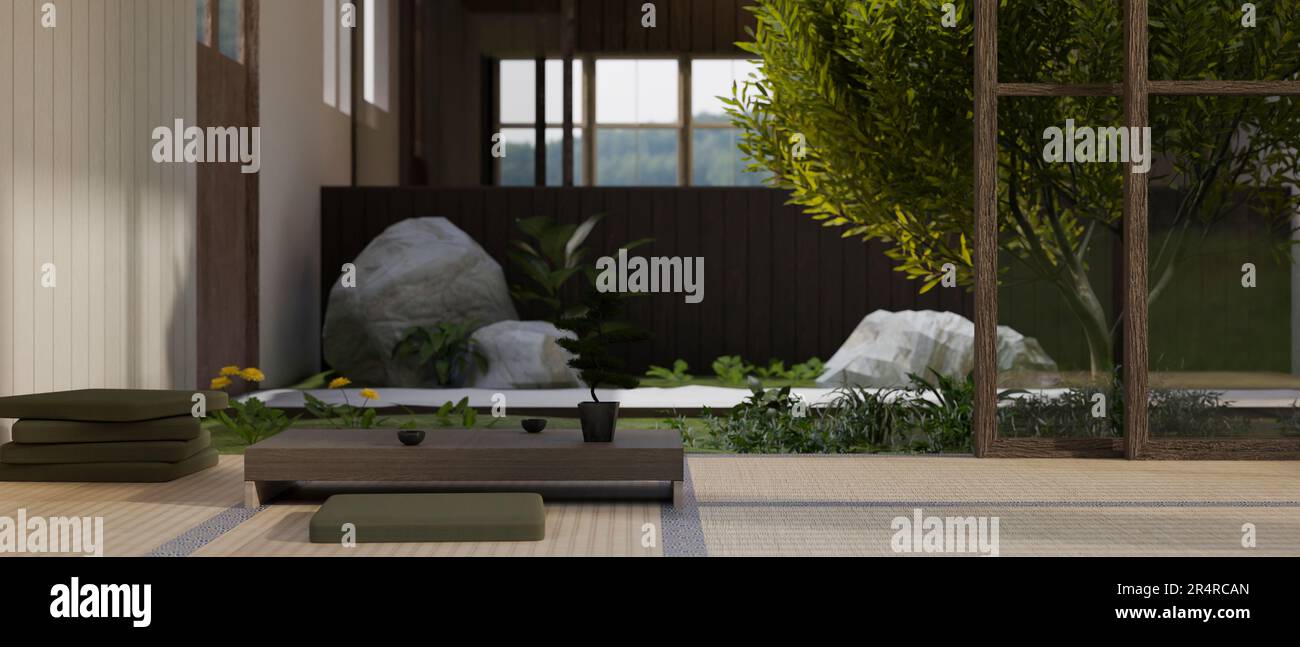 Interior design of a beautiful Japanese zen living room style with ...