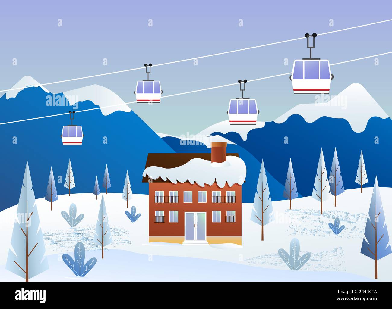 Ski resort. Winter vacation time. Landscape with mountains and hotel ...