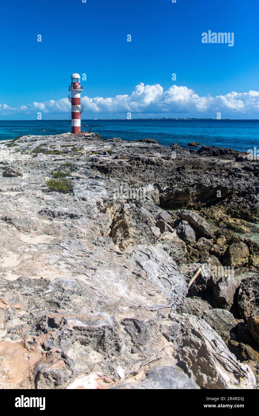 The lighthouse of tip cancun on top of the cliff of the Caribbean sea ...