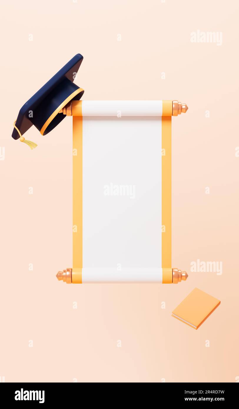 Opening scroll and graduate cap on the yellow background, 3d rendering ...