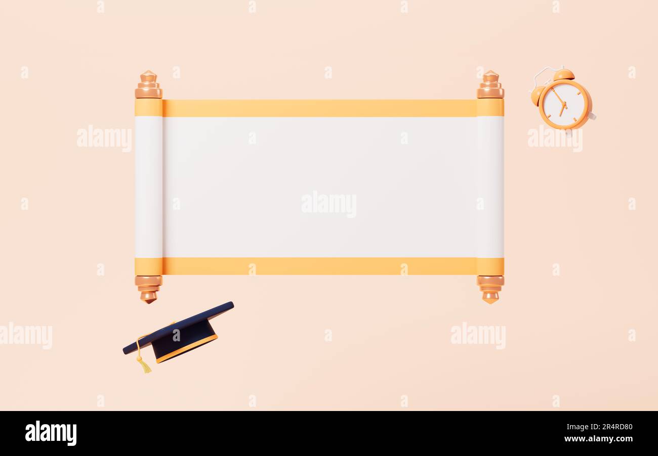 Opening scroll and graduate cap on the yellow background, 3d rendering ...