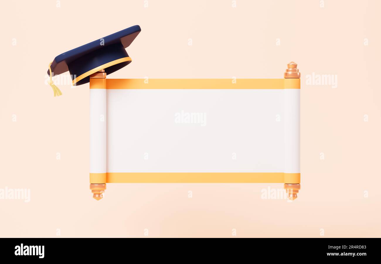 Opening scroll and graduate cap on the yellow background, 3d rendering ...