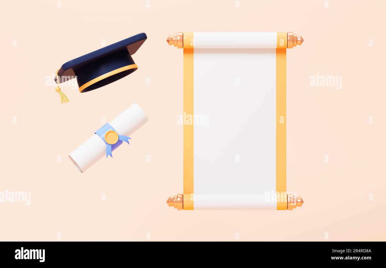 Opening scroll and graduate cap on the yellow background, 3d rendering ...