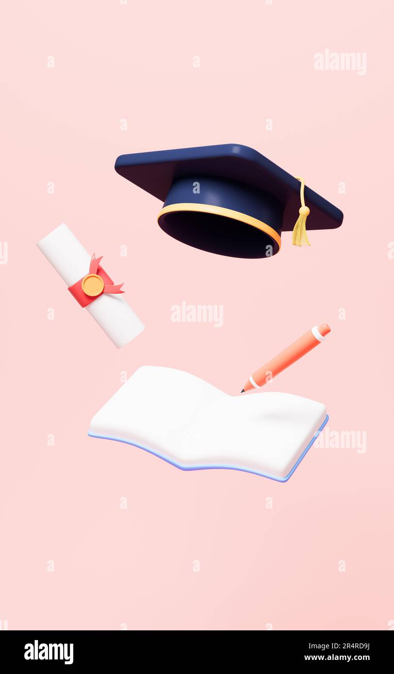 Graduate high school, college or university cap and scroll on the pink ...