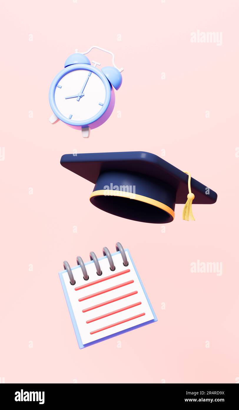 Graduate cap and clock, calendar on the pink background, 3d rendering ...