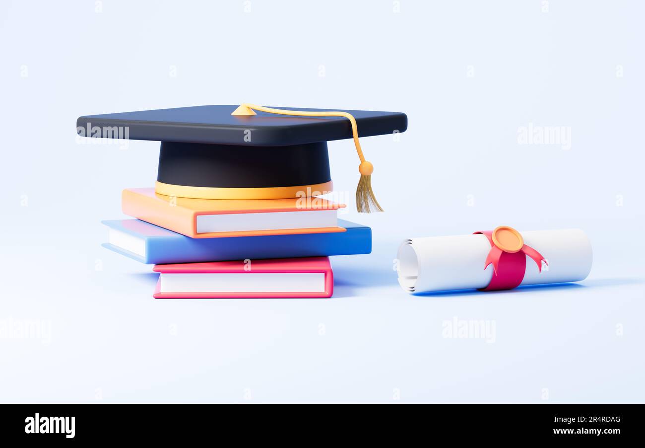 Graduate cap and books on the blue background, 3d rendering. Digital ...