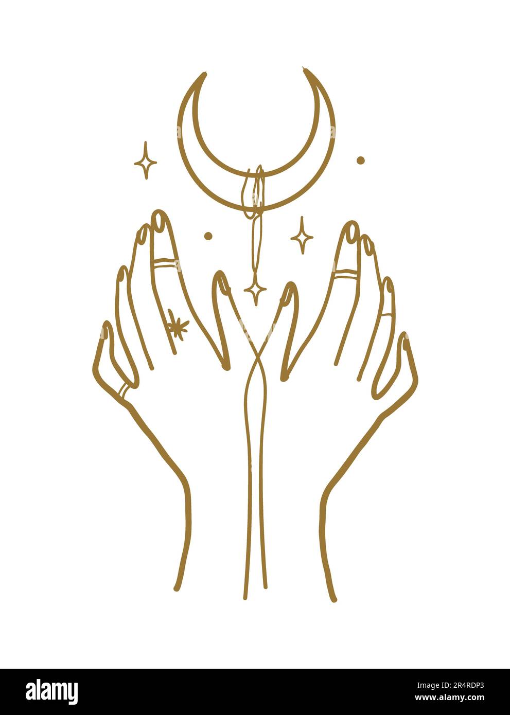 Golden mystical boho astrology illustration, two female hands touch the ...