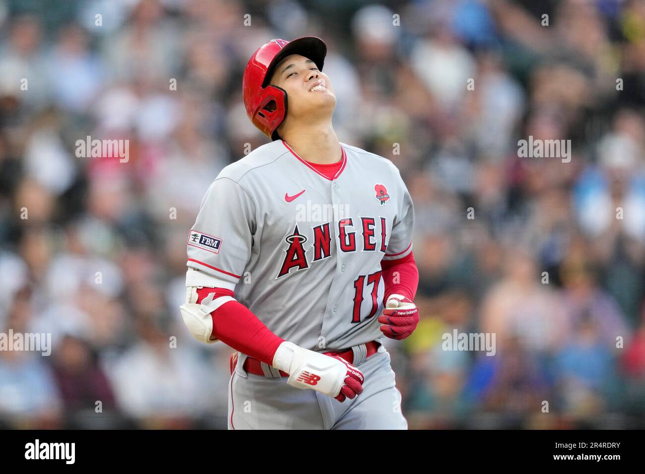 Los Angeles Angels' Shohei Ohtani reacts after getting hit by a pitch ...
